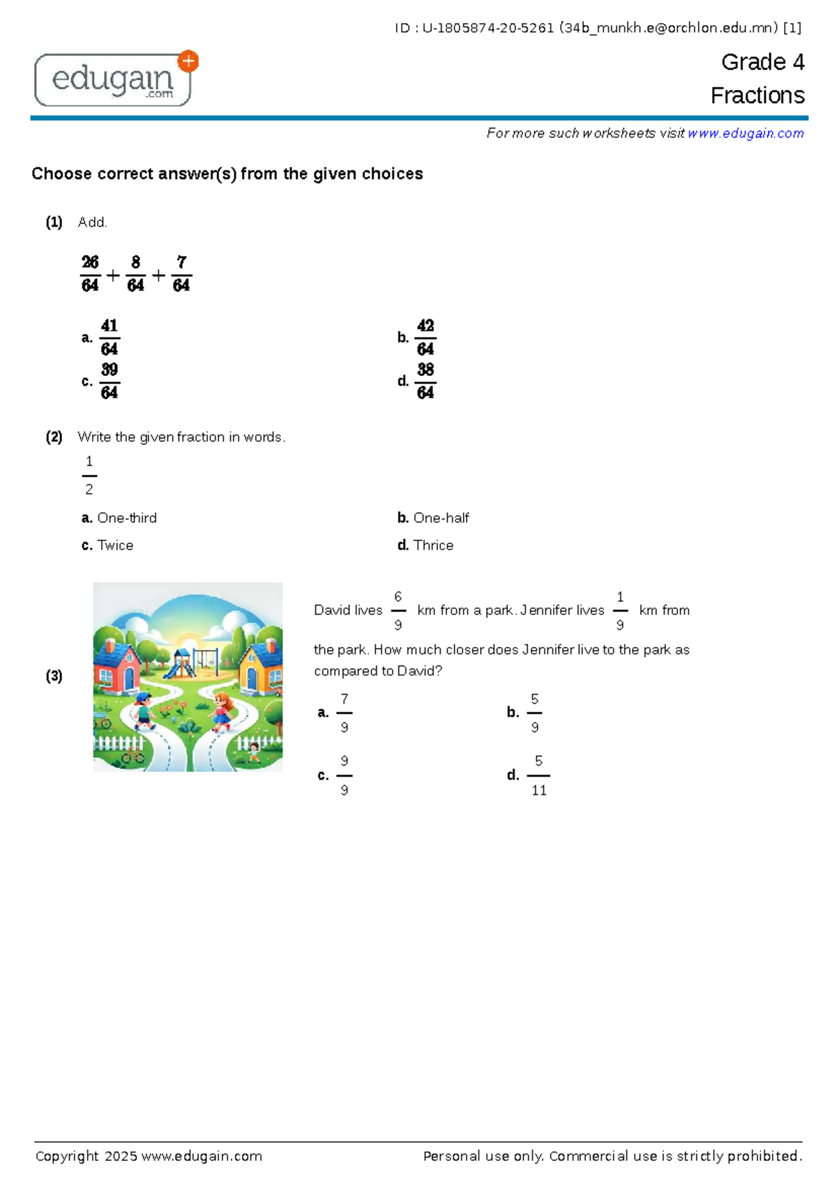 Grade 4 Math: Fractions Worksheet ID 1805874 - Studocu