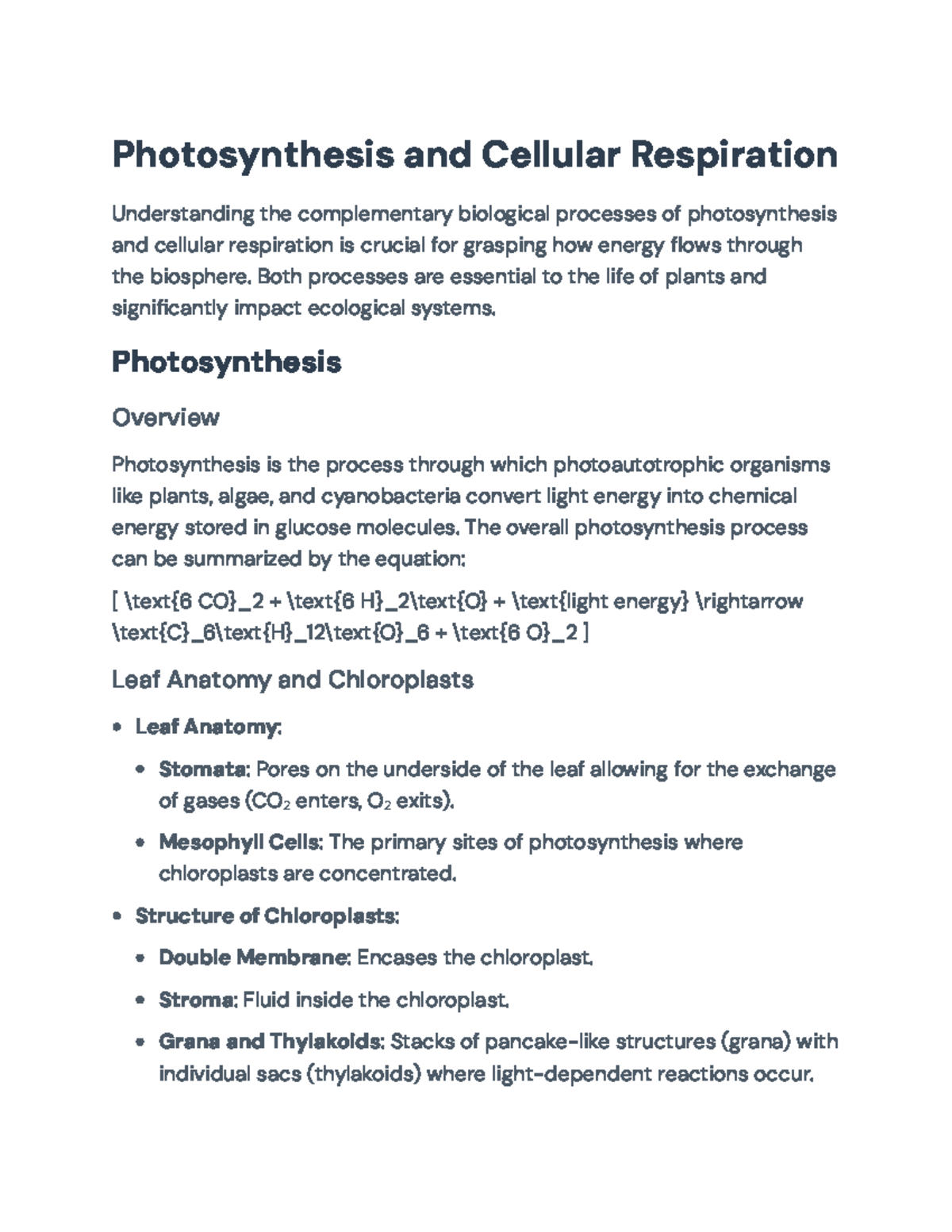 Photosynthesis and Cellular Respiration Overview for Biology Course ...