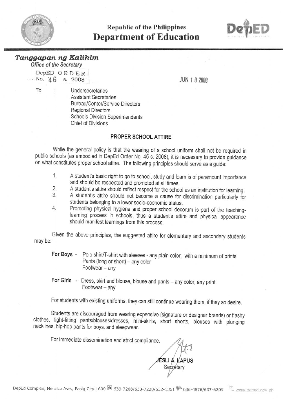 Proper School Attire Guidance - DepEd Order No. 46, S. 2008 - Studocu