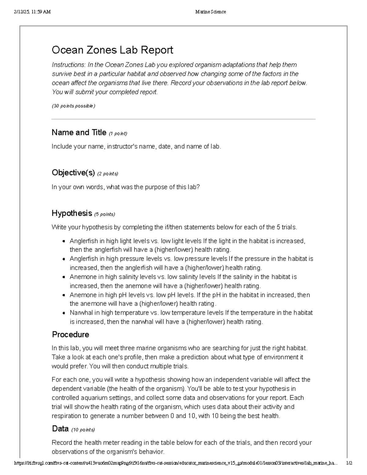 Marine Science Lab Report: Ocean Zones Organism Adaptations (11:59 AM ...