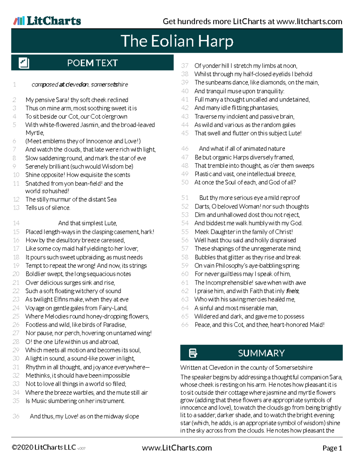 LitCharts Study Guide: The Eolian Harp Analysis and Summary - Studocu