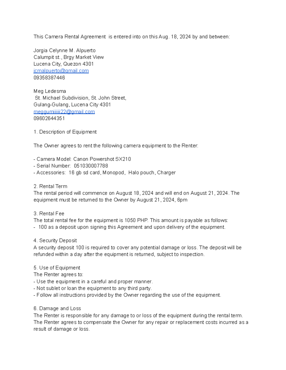 Camera Rental Agreement - Contract of Agreement Notes - Studocu