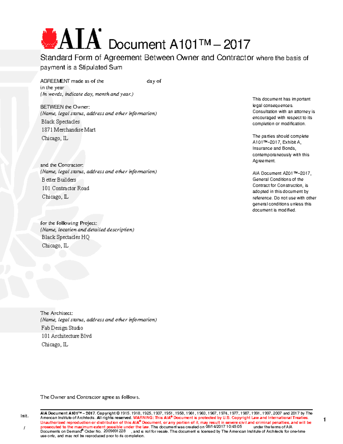 AIA A101 - Standard Form of Agreement Between Owner and Contractor ...