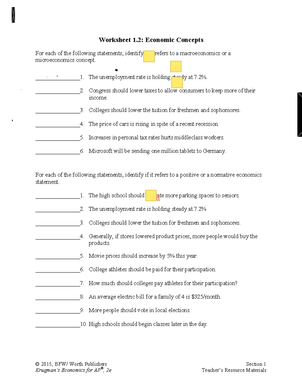 Worksheet 1 - © 2015, BFW/ Worth Publishers Section 1 Krugman’s ...