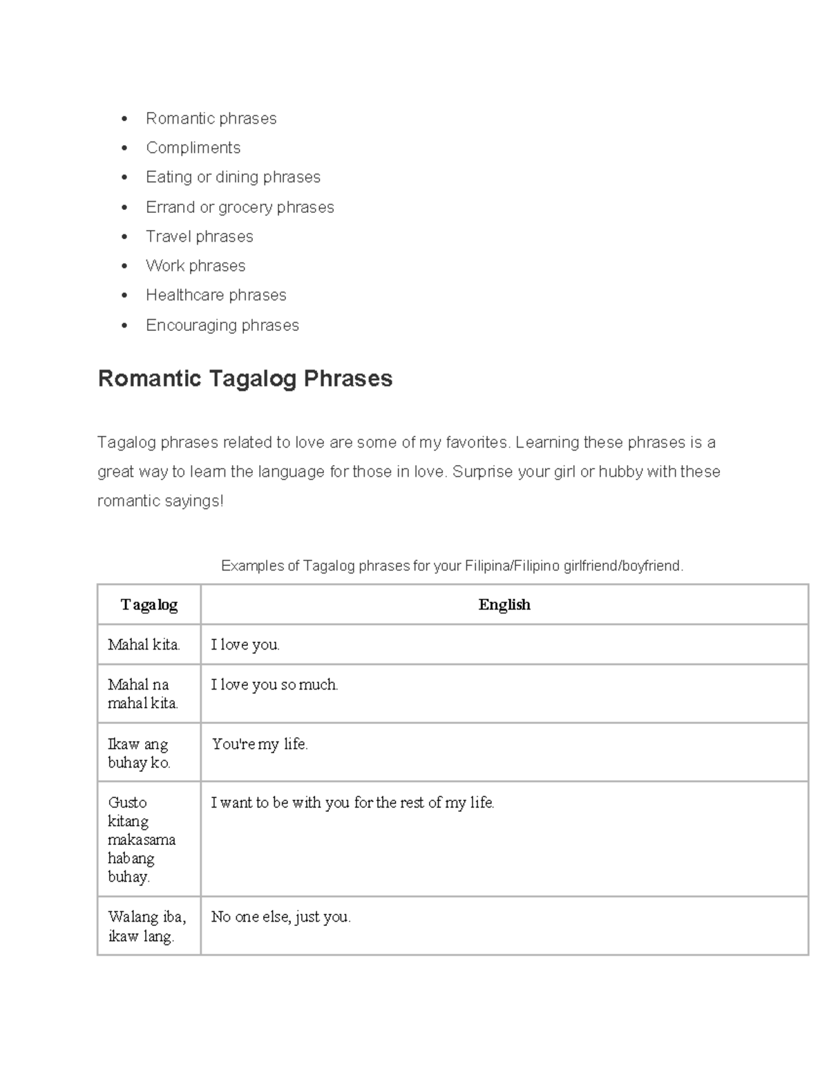 Comprehensive Tagalog Phrases: Love, Compliments & Daily Use - Studocu