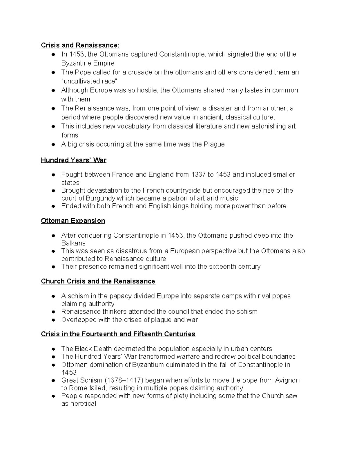 AP Euro Unit 1 - Crisis and Renaissance Overview (1453-1500) - Studocu