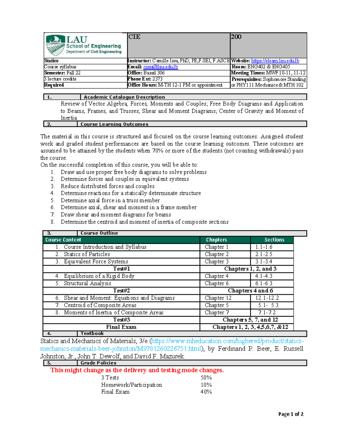 CIE 200 Statics Course Syllabus - Fall 2022 - Studocu