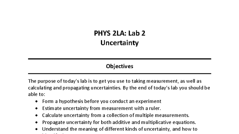 PHYS 2LA: Lab 2 - Understanding and Calculating Uncertainty - Studocu