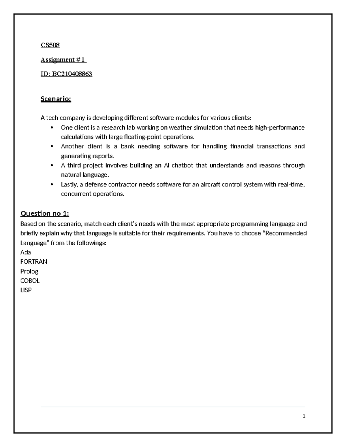 CS508 Assignment #1: Programming Languages for Client Scenarios - Studocu