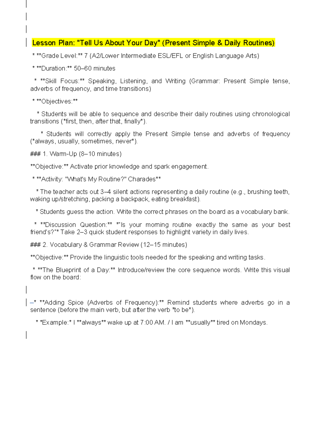 Lesson Plan: Present Simple Daily Routines (7th Grade ELA) - Studocu