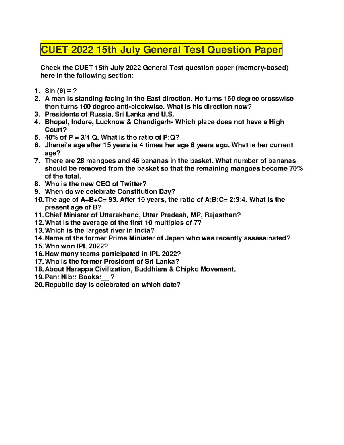CUET 2022 General Test Question Paper - 15th July - Studocu