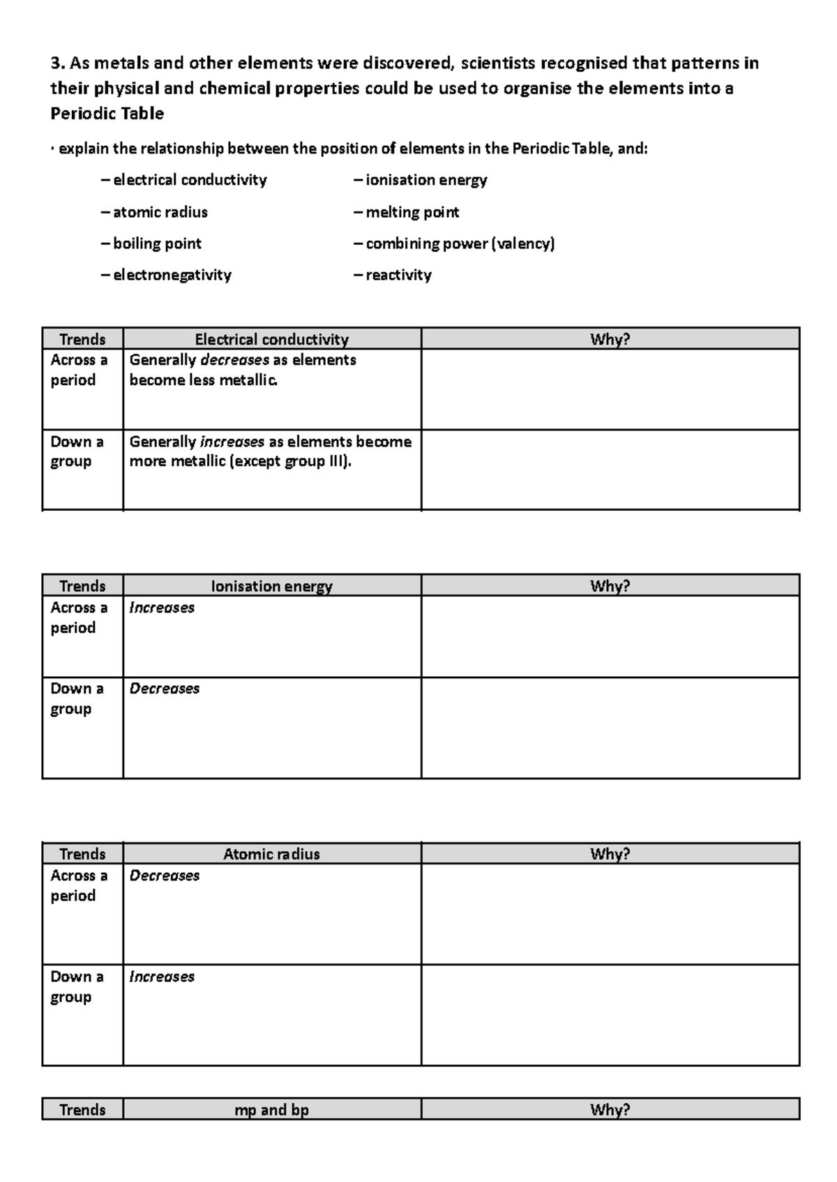 Periodic Trends Worksheet: Understanding Element Properties - Studocu