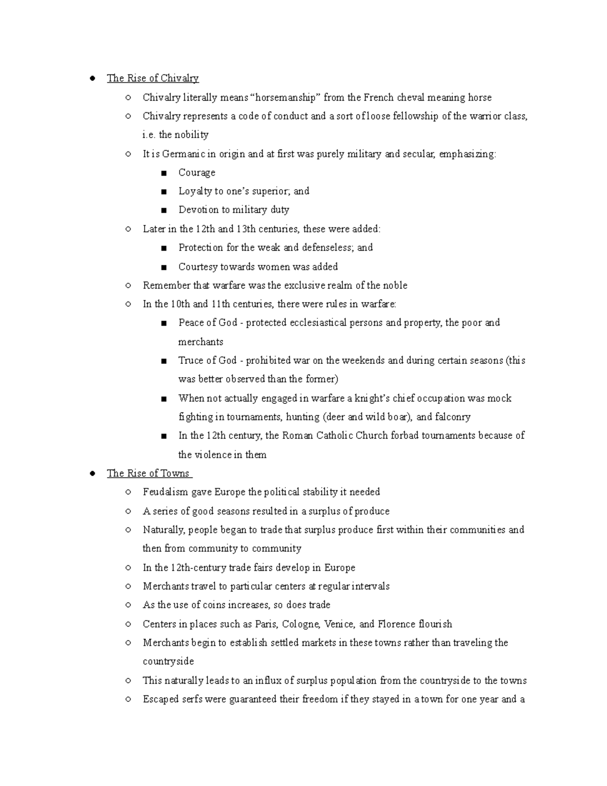 Lecture Notes on The High Middle Ages: Chivalry, Towns, and Guilds ...