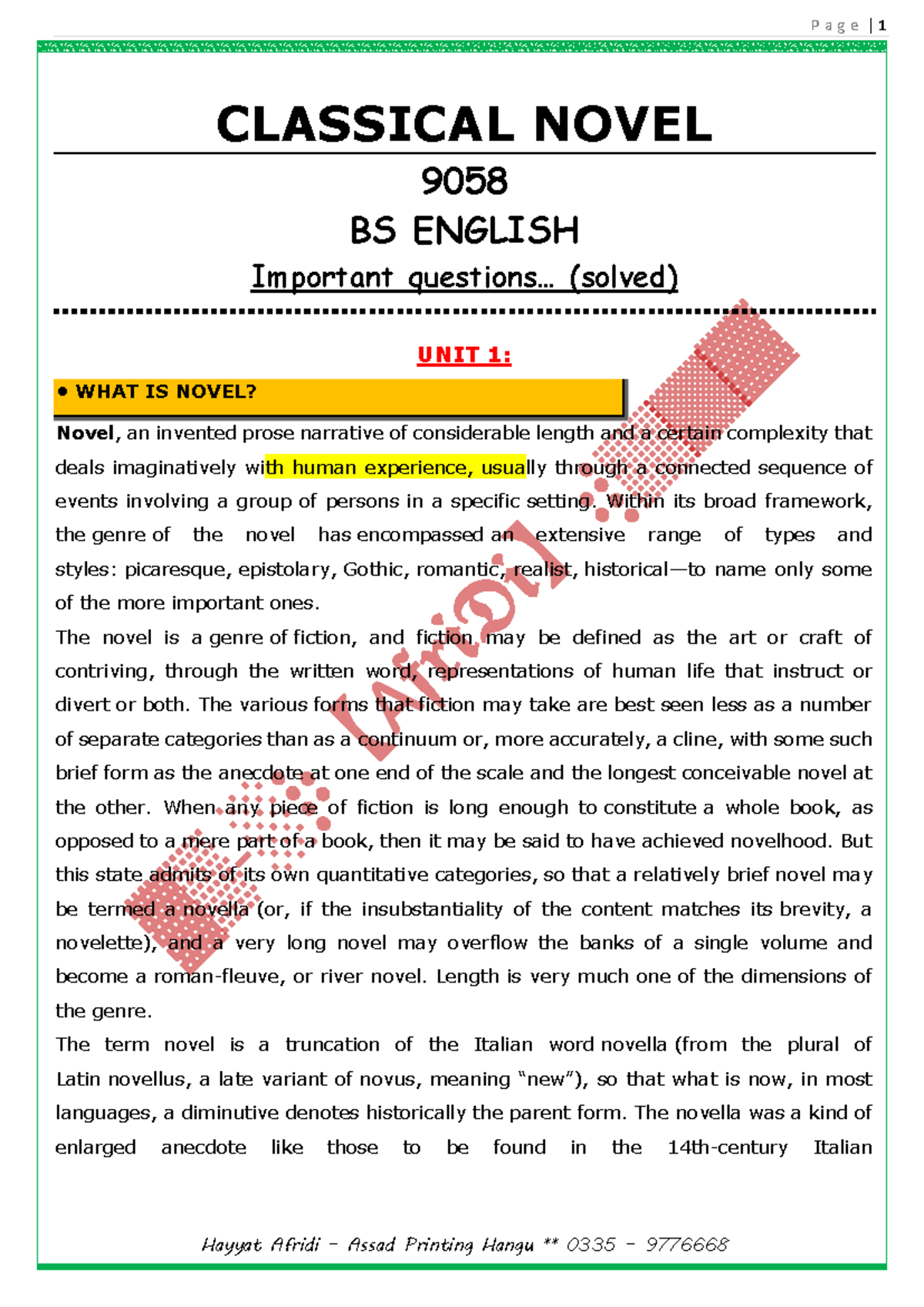 9058 Final Exam Notes: The Classical Novel Overview for BS English ...