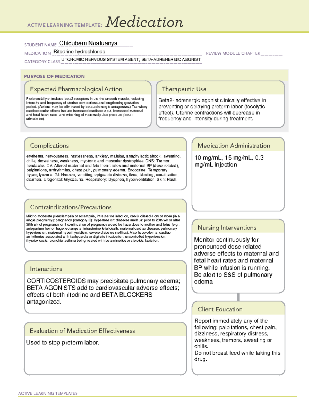 Ritodrine - ati drug cards for various medications - ACTIVE LEARNING ...