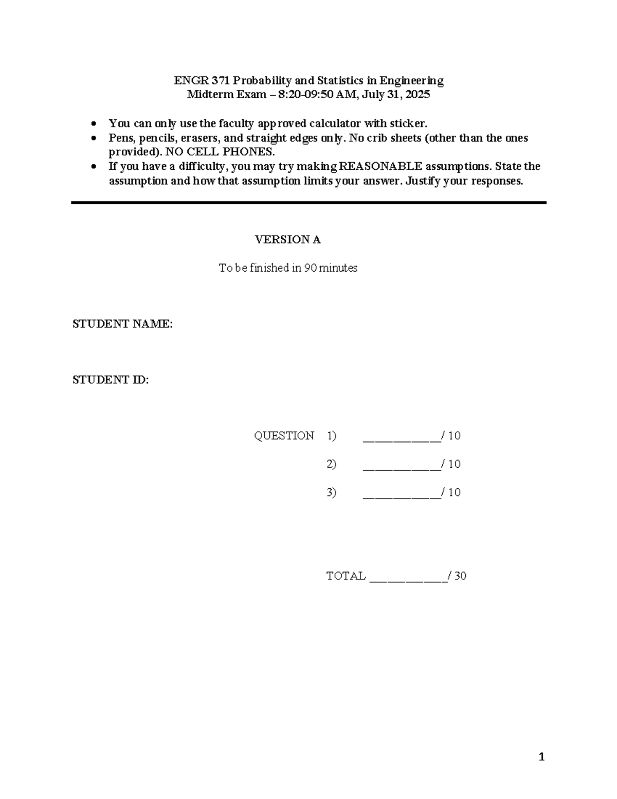 ENGR 371 Midterm Exam: Probability & Statistics in Engineering, July 31 ...