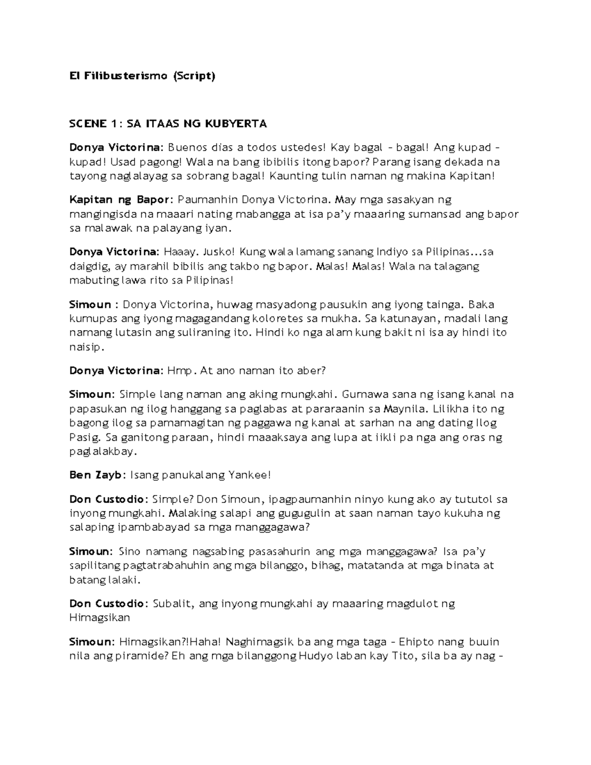 El Filibusterismo Script: mga eksena at talakayan sa akdang Pilipino ...