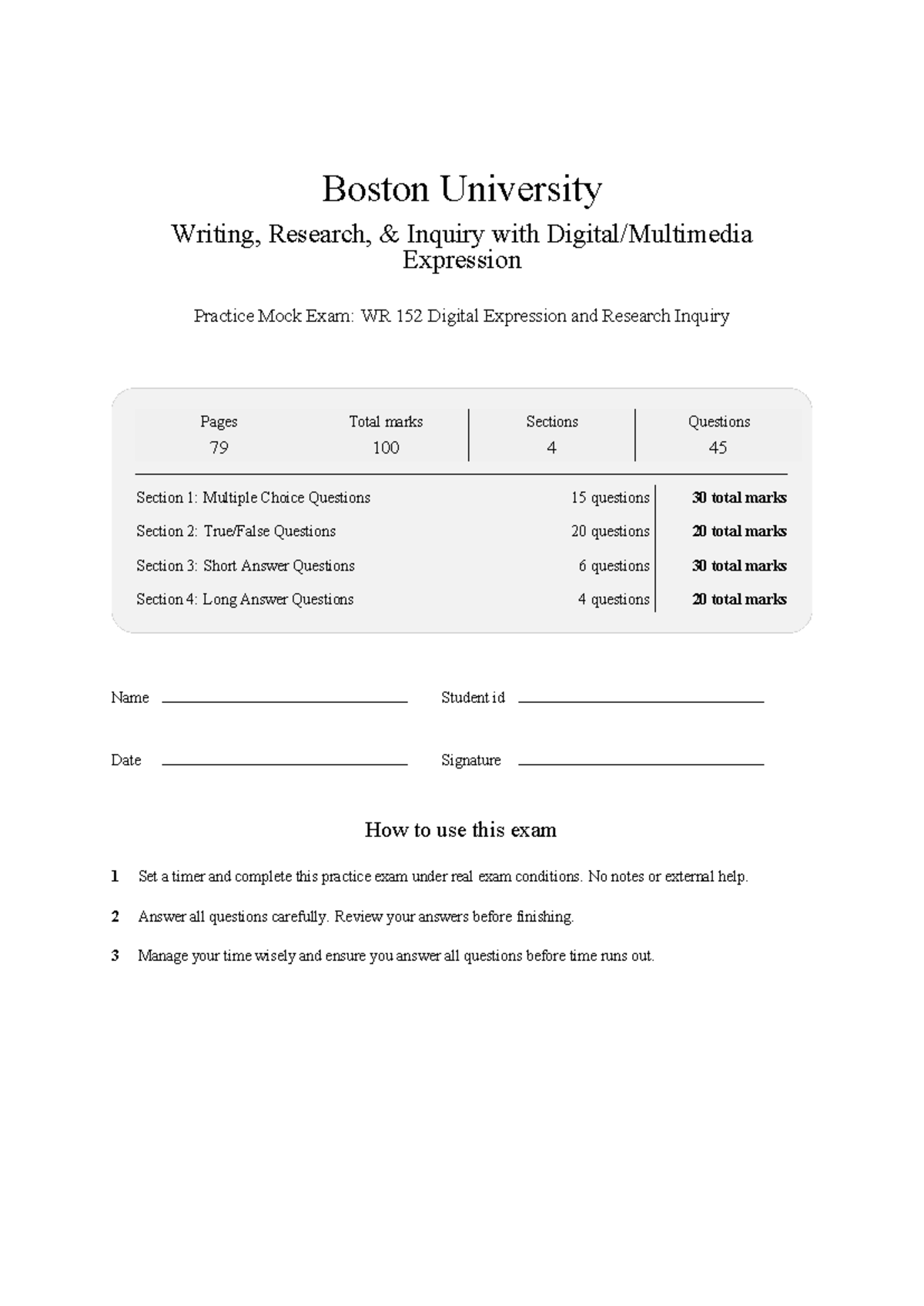 WR 152 Practice Mock Exam: Writing, Research & Digital Expression - Studocu