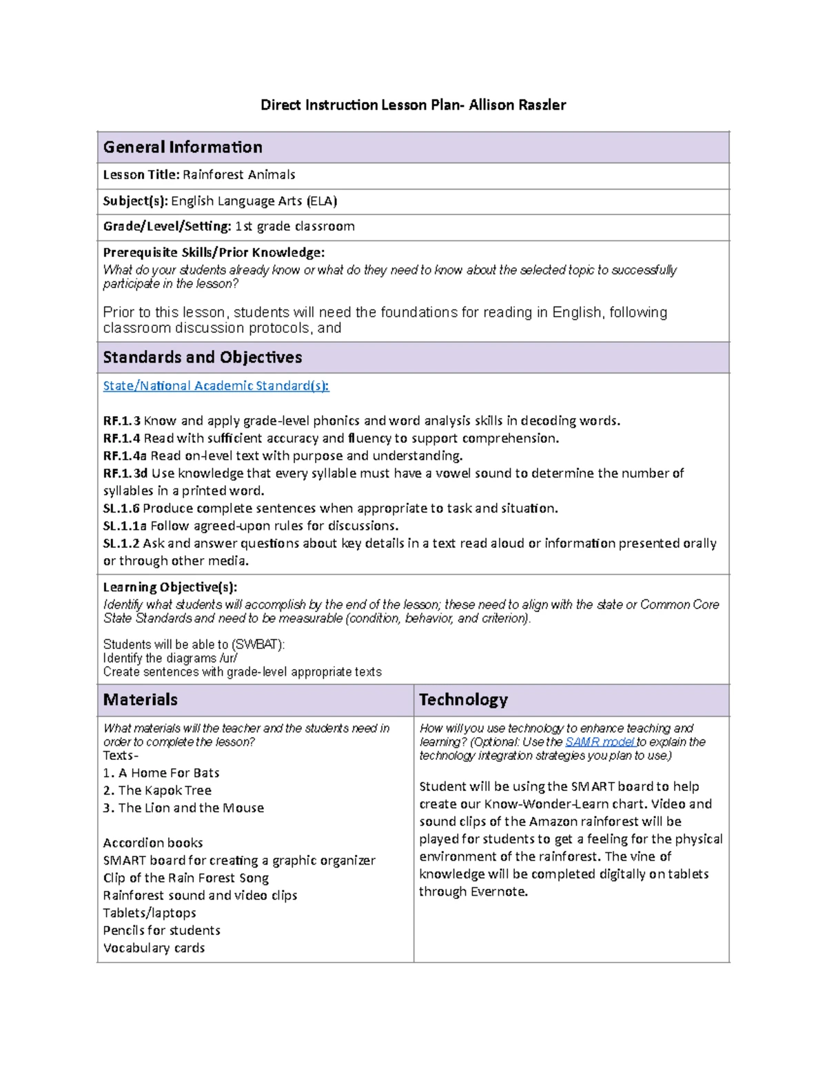 WGU Lesson Plan Example - Direct Instruc,on Lesson Plan- Allison ...