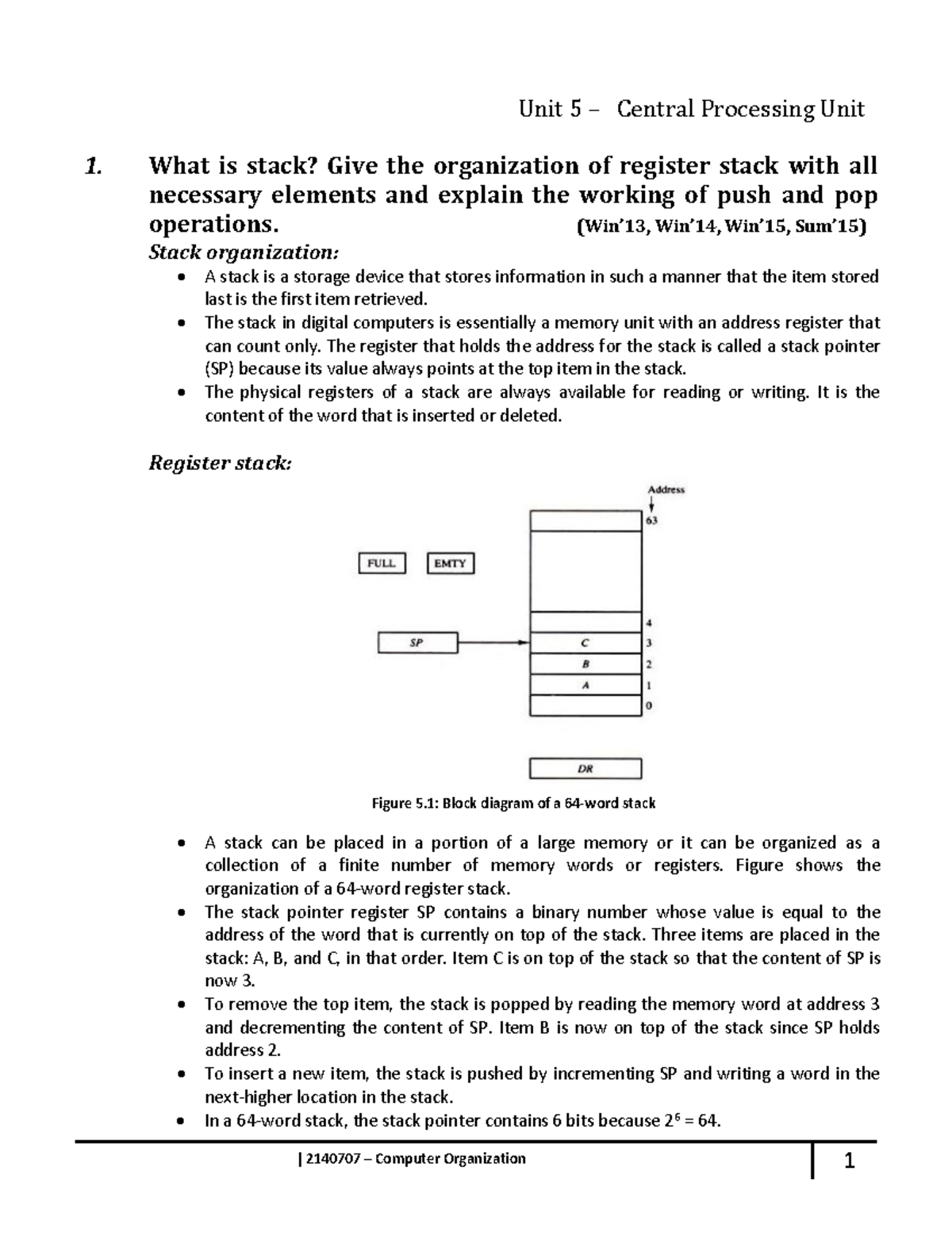 Computer Organization & Architecture 3140707: Stack, Instructions, and ...