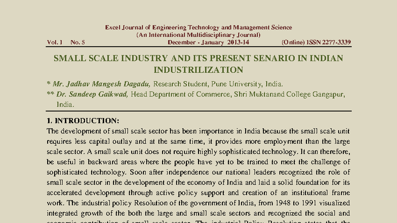 Small Scale Industry and Its Role in Indian Industrialization: A Study ...