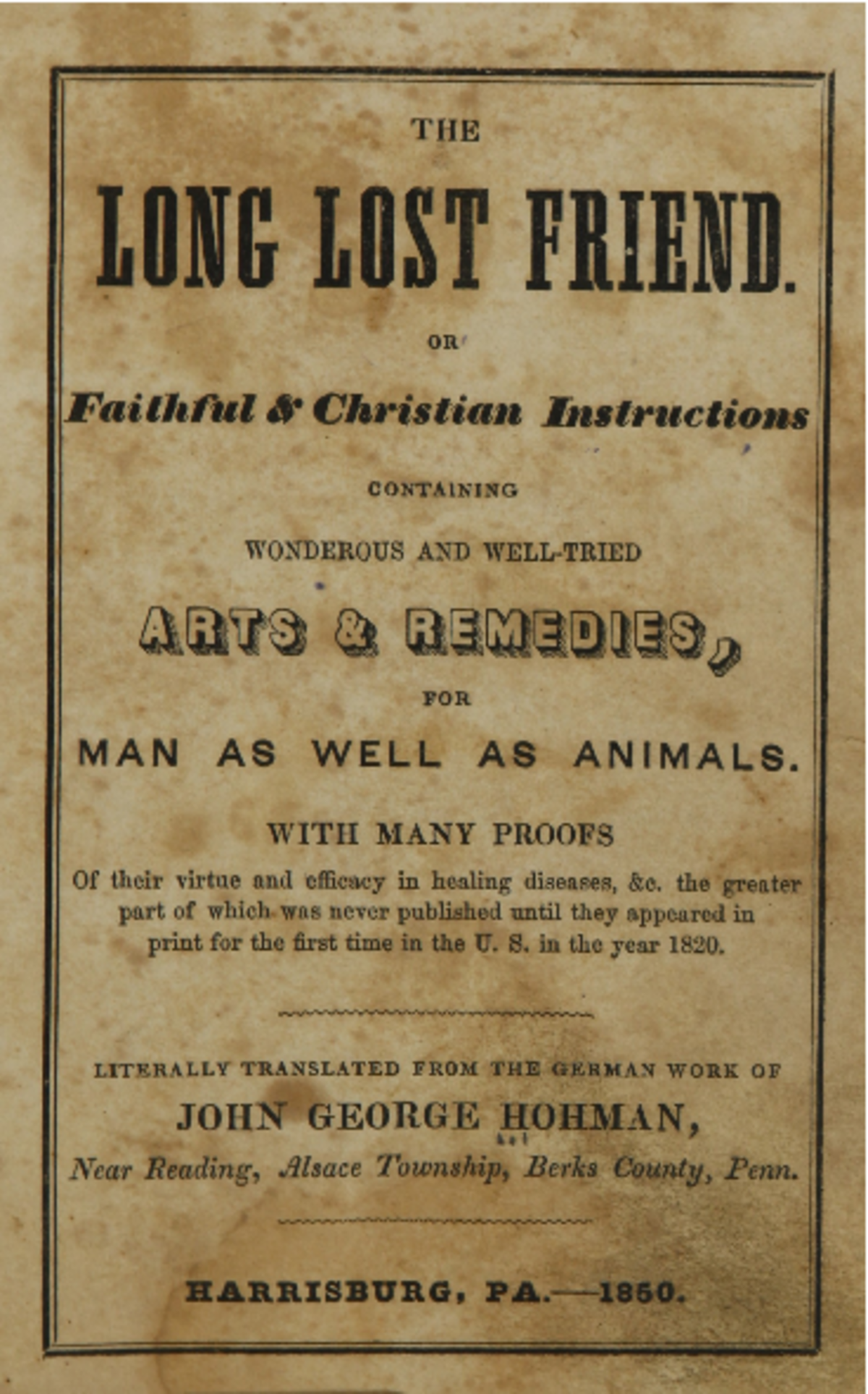Hohman's 1850 Long Lost Friend: Christian Healing Practices - Studocu