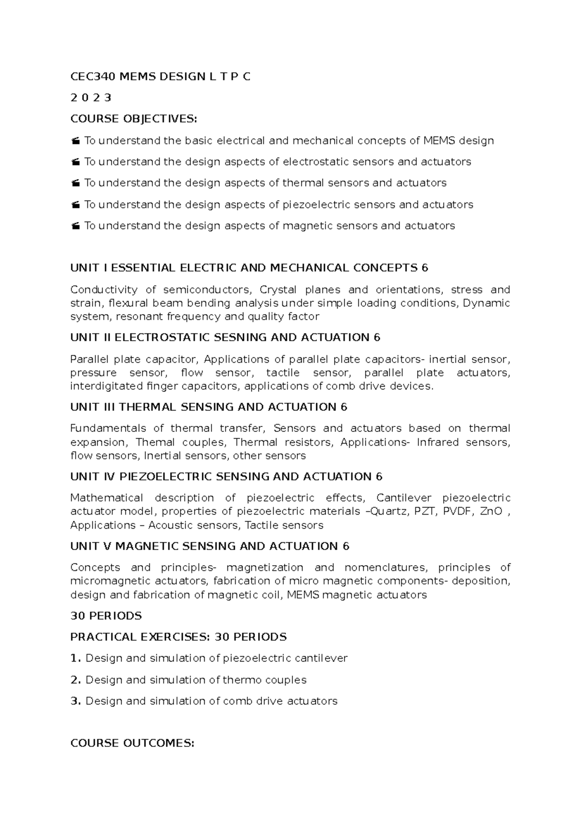 CEC340 MEMS Design Syllabus: Objectives & Unit Breakdown - Studocu