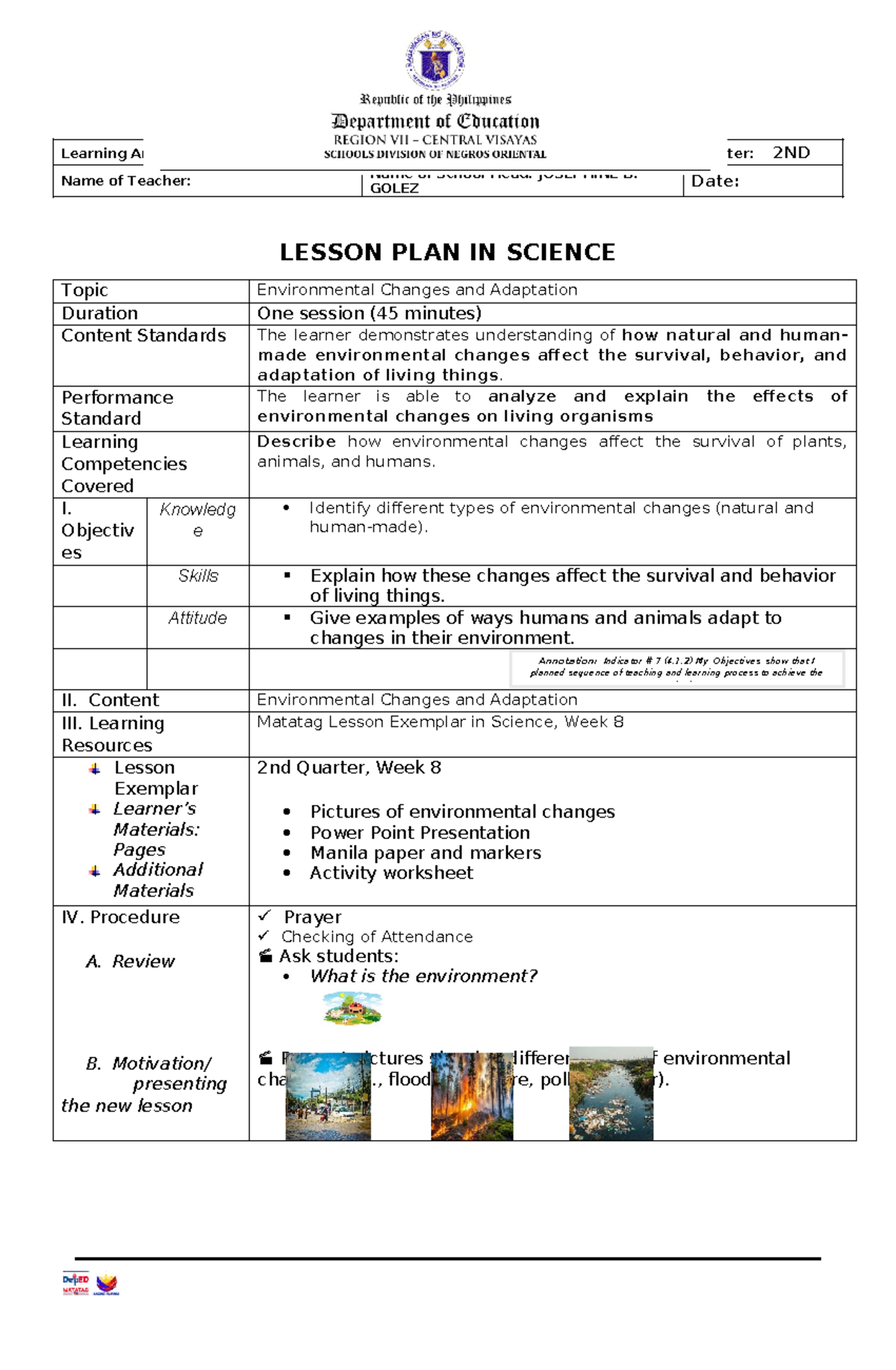 2nd Quarter Lesson Plan: Environmental Changes & Adaptation in Science ...