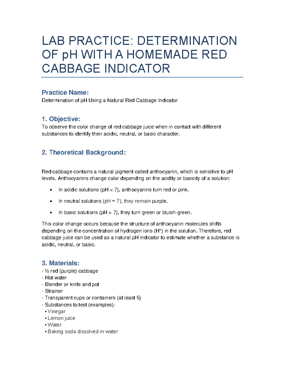 LAB PRACTICE: pH DETERMINATION USING RED CABBAGE INDICATOR - Studocu