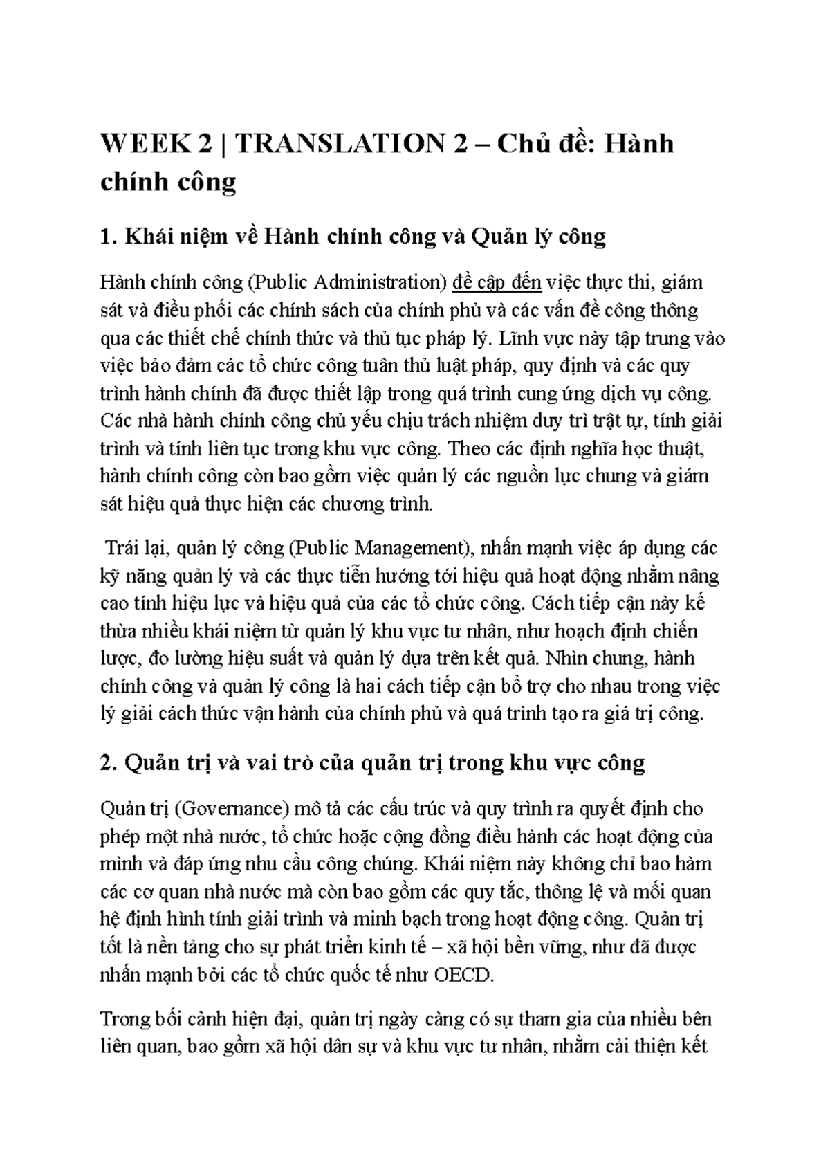 WEEK 2 Translation 2: Chủ đề Hành Chính Công và Quản Lý Công - Studocu