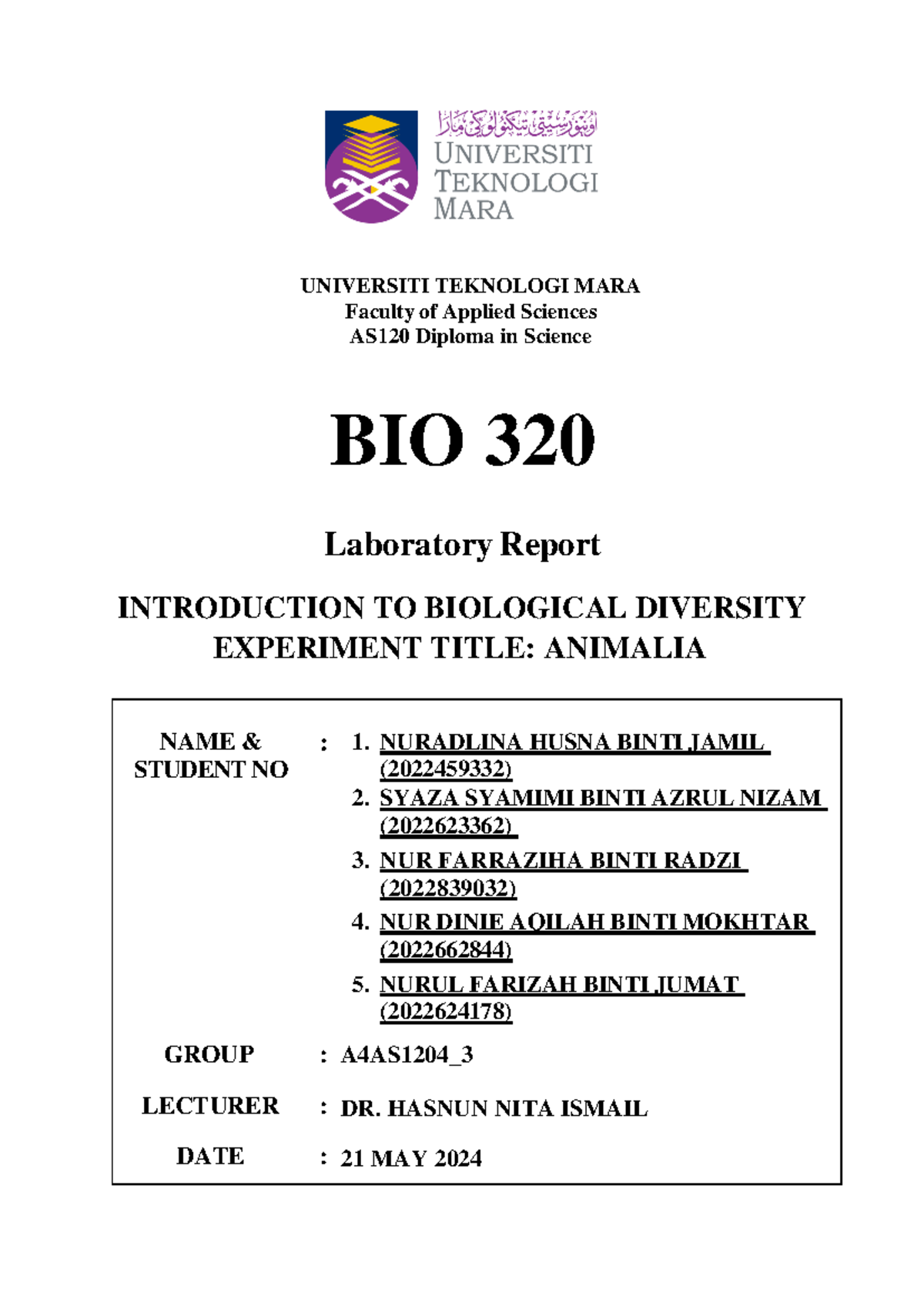 BIO320 Lab Report: Exploring Animalia and Its Diverse Phyla - Studocu