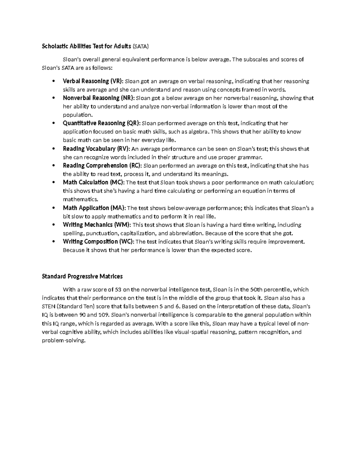 Scholastic Abilities Test for Adults - The subscales and scores of ...