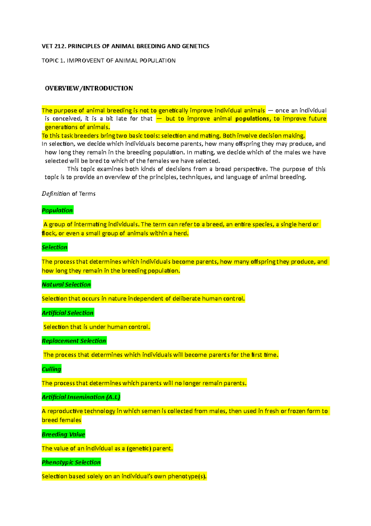 VET 212. Principles of Animal Breeding: Improving Animal Populations ...