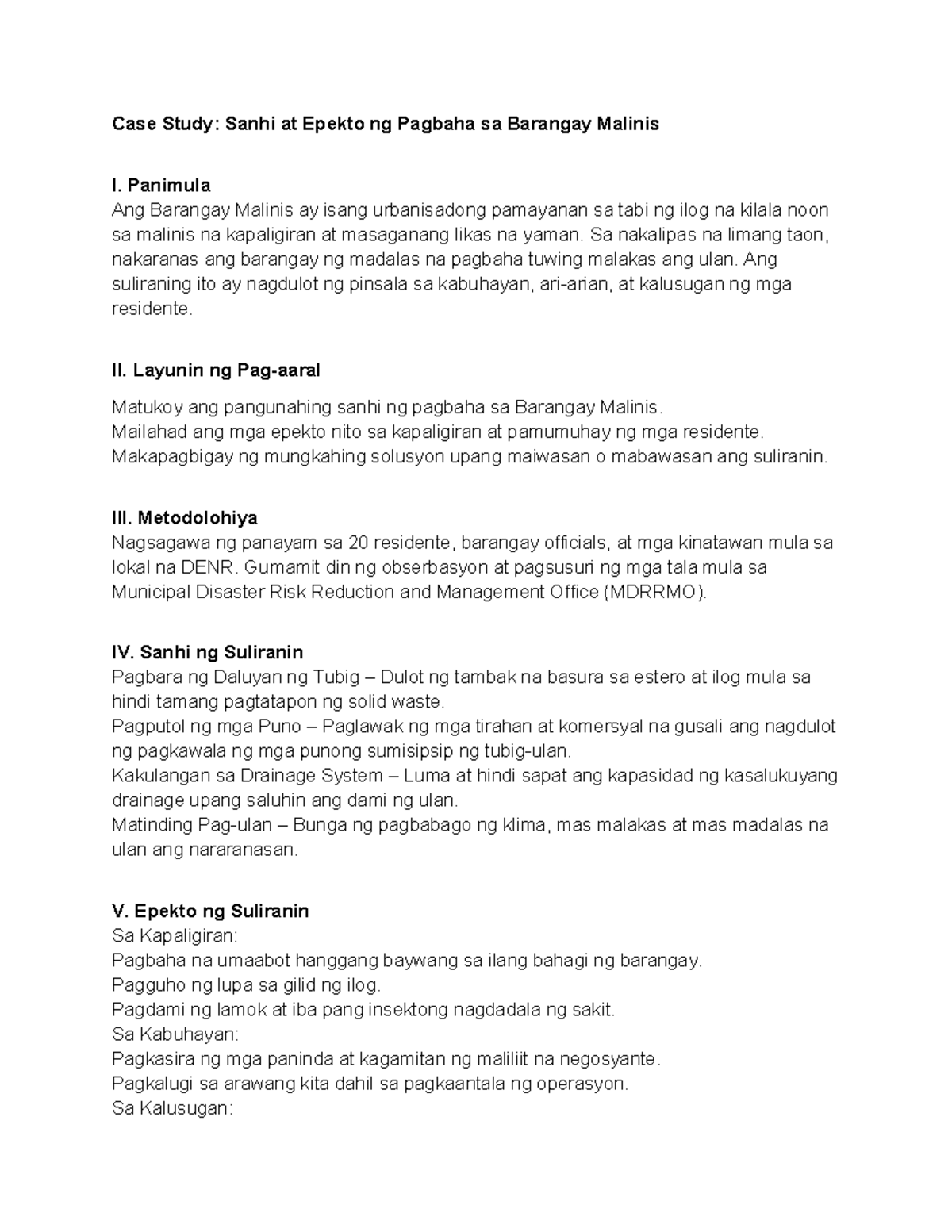 Case Study: Sanhi at Epekto ng Pagbaha sa Barangay Malinis - Studocu