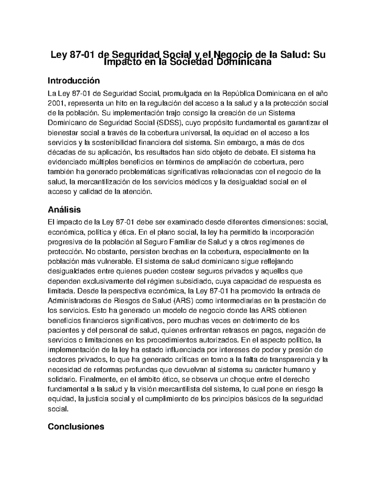 Ley 87-01: Impacto de la Seguridad Social en la Salud Dominicana - Studocu
