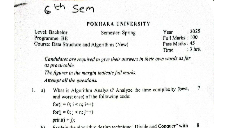 DSA 2024: Old Question Paper for Data Structures & Algorithms - Studocu