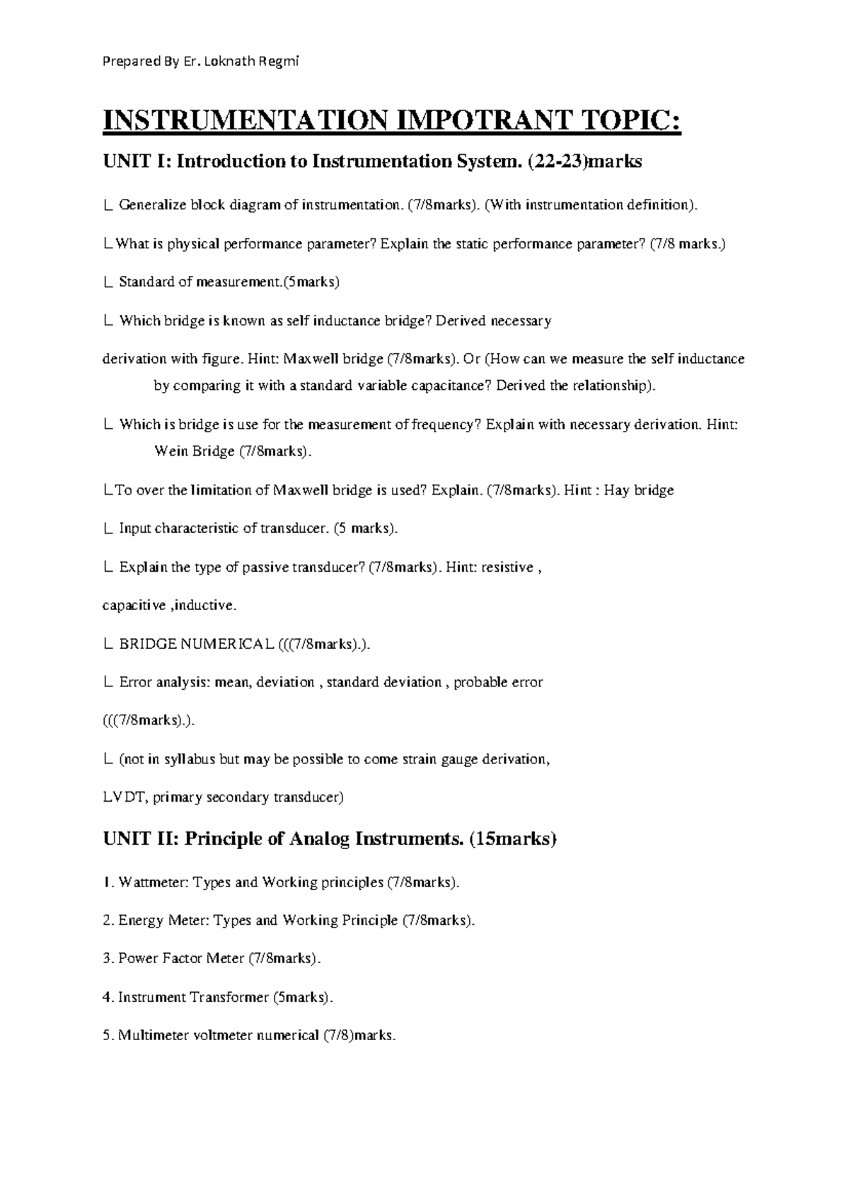 Instrumentation Important Topics - Course Code: [Insert Course Code ...