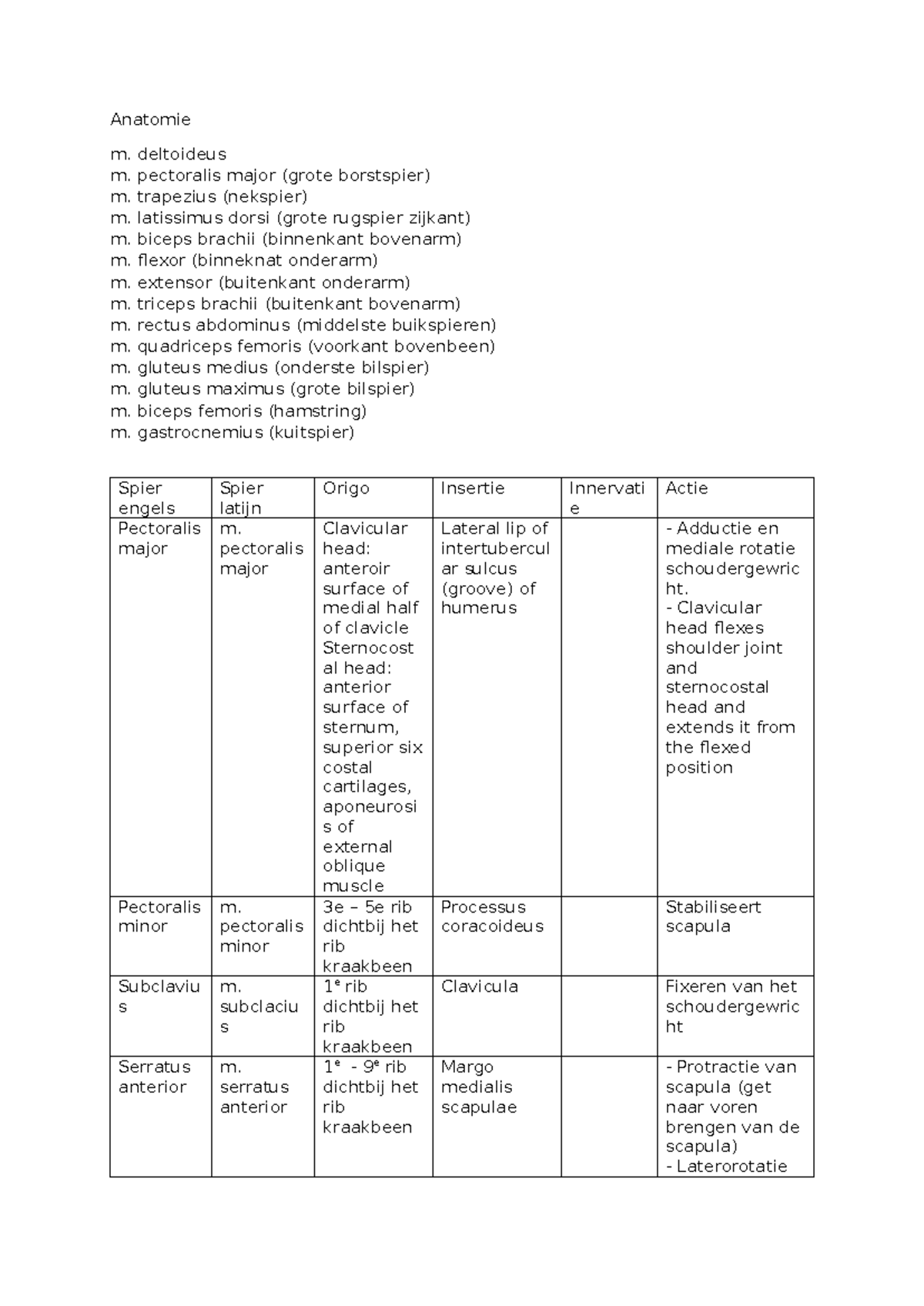 Anatomie Spieren: Importante Musculatuur Lijst en Functies - Studeersnel