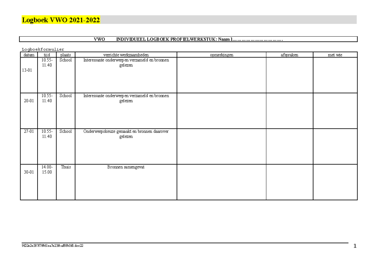 Logboekformulier VWO Profielwerkstuk 2021-2022: Individueel Overview ...