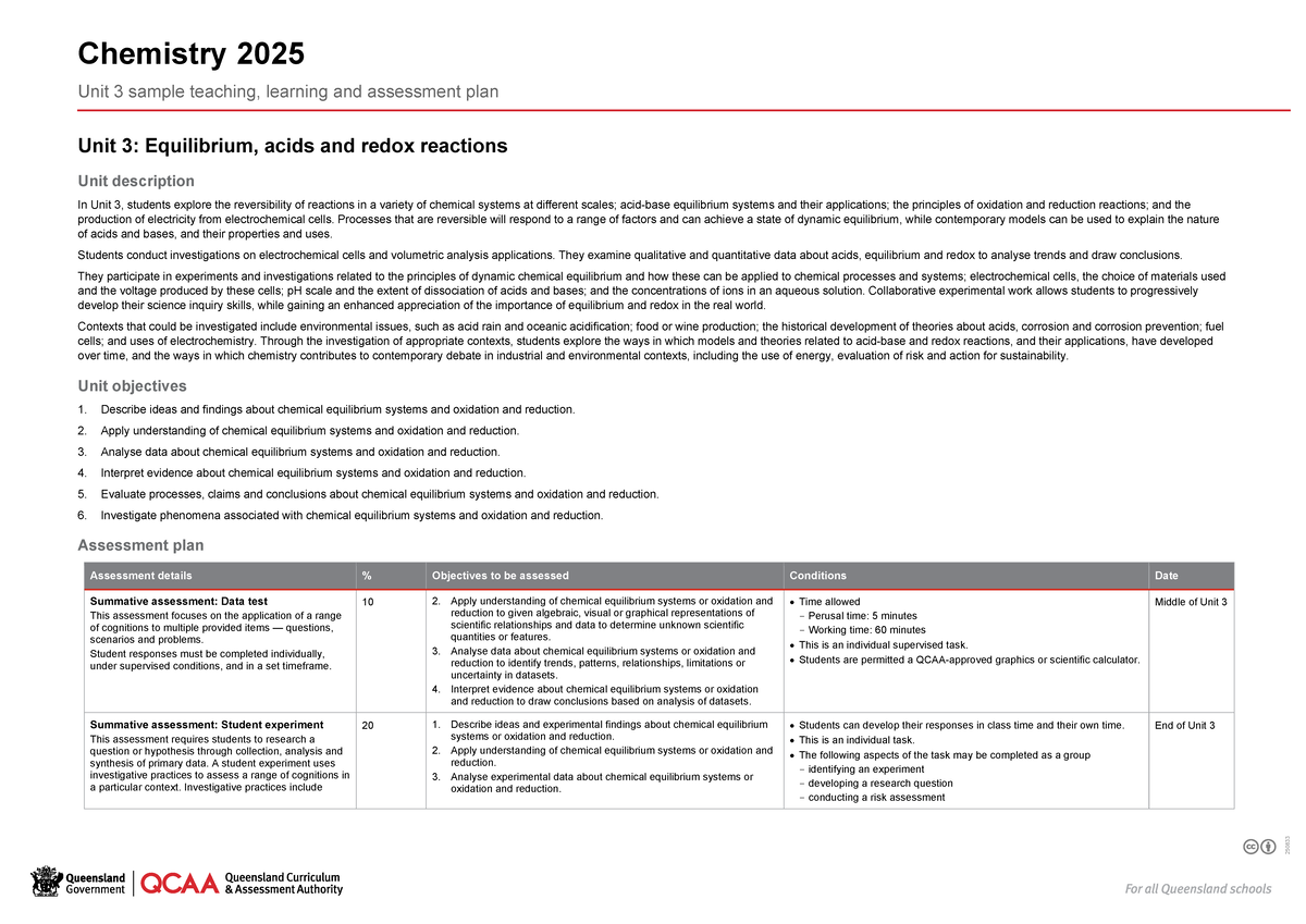 Chemistry 2025 Unit 3 Teaching, Learning & Assessment Plan: Equilibrium ...