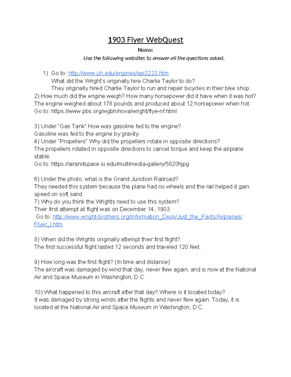 1903 Flyer WebQuest: Exploring the Wright Brothers' First Flight - Studocu