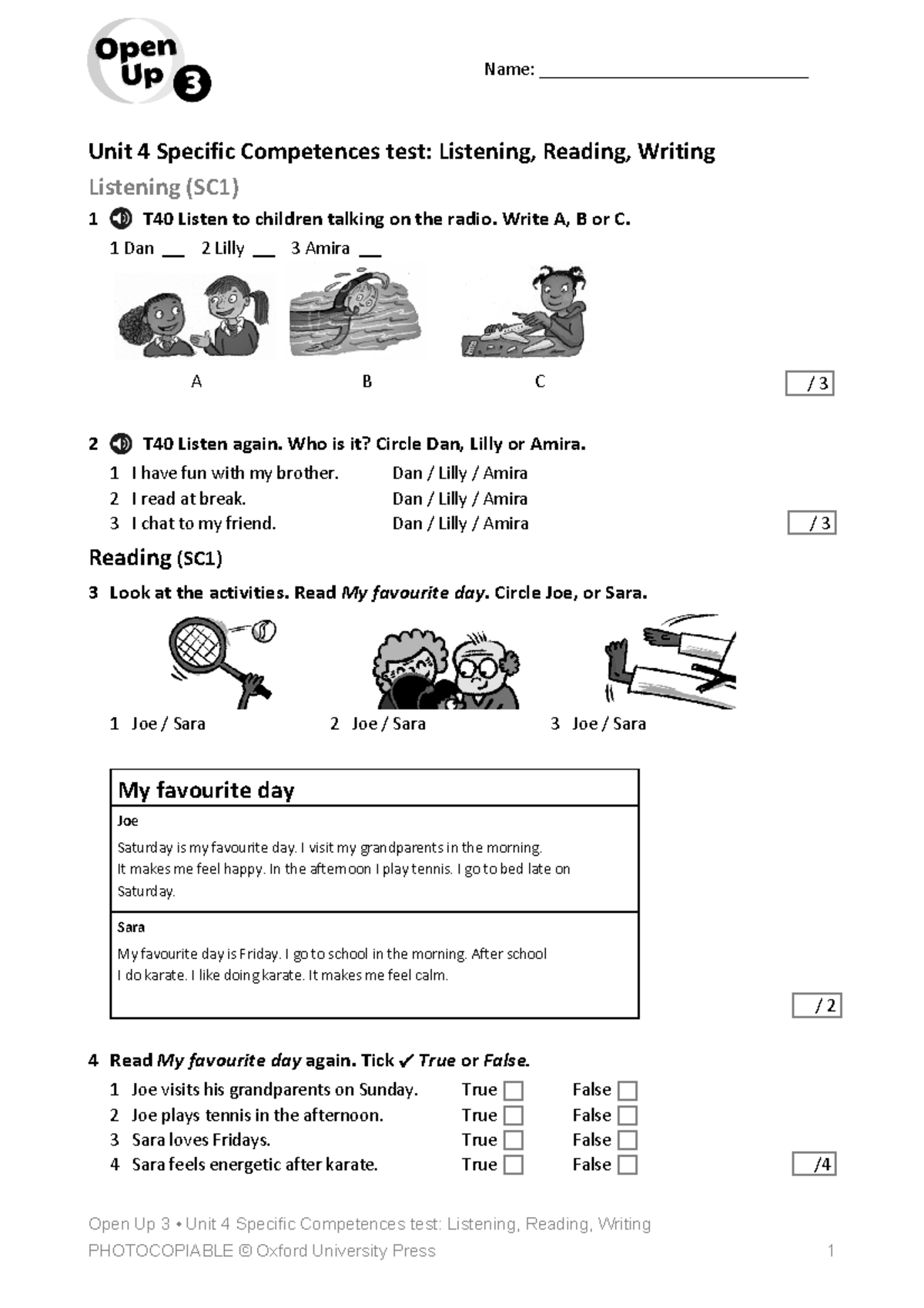 OU3 Unit 4 Comp Test: Listening, Reading, Writing Skills Assessment ...