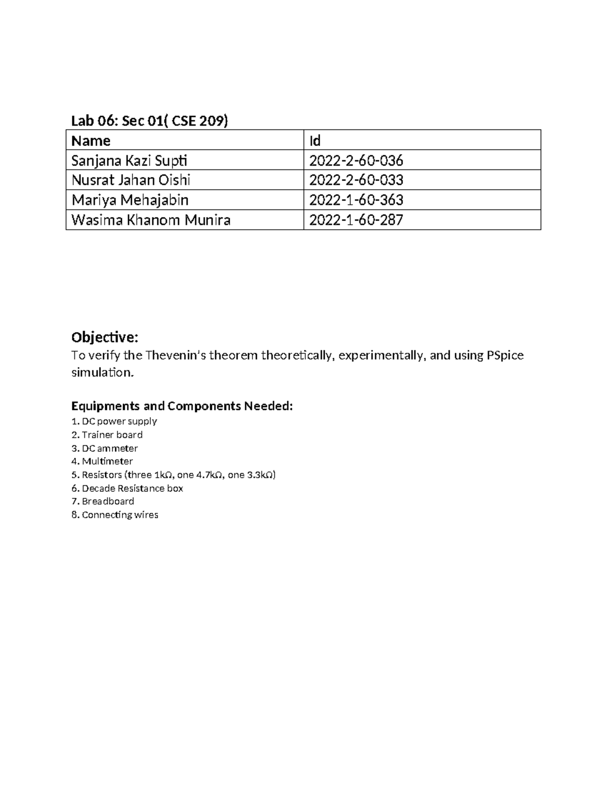 Lab 06 (CSE 209) - Verification of Thevenin’s Theorem Experiment - Studocu