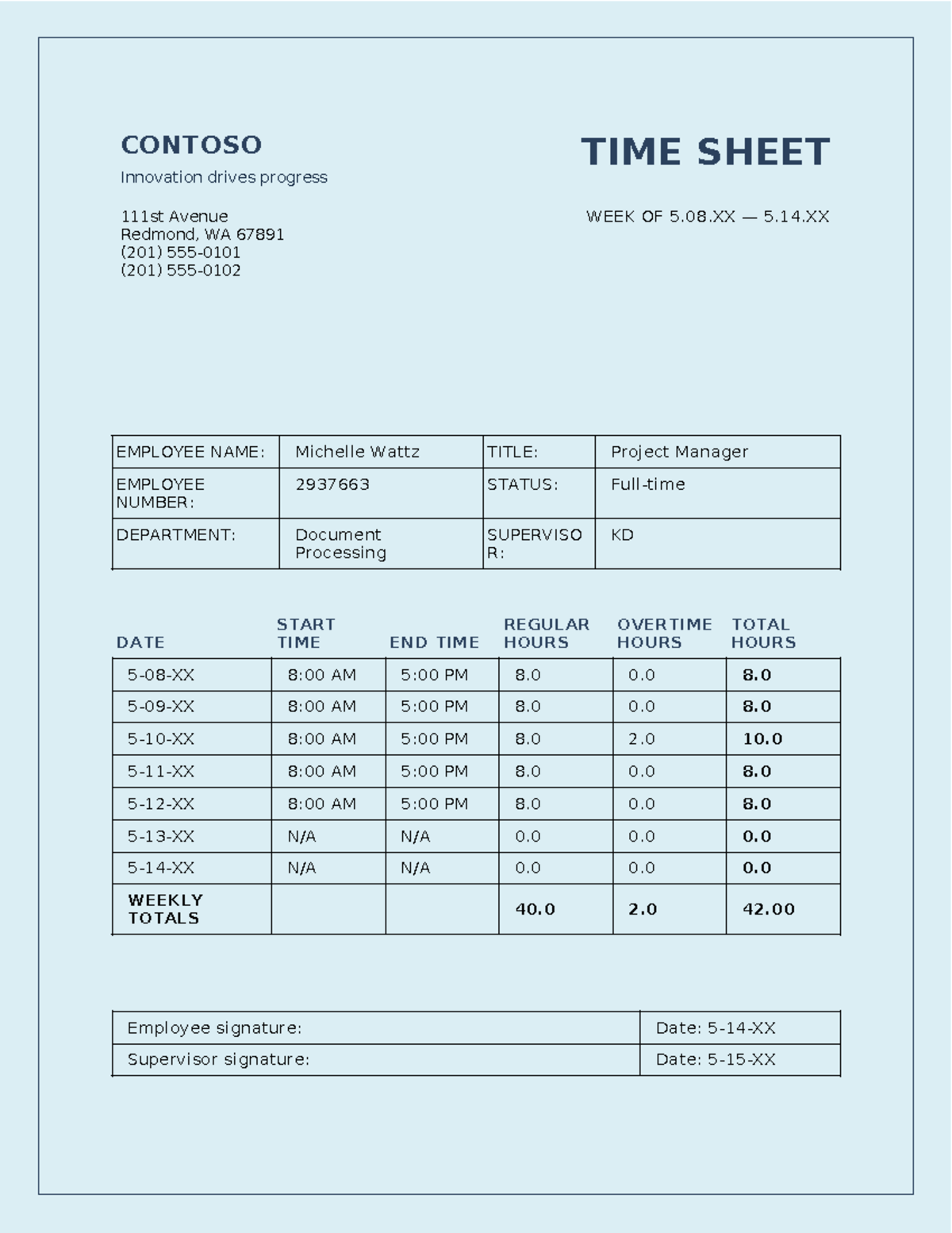 Time sheet - CONTOSO Innovation drives progress TIME SHEET 111st Avenue ...