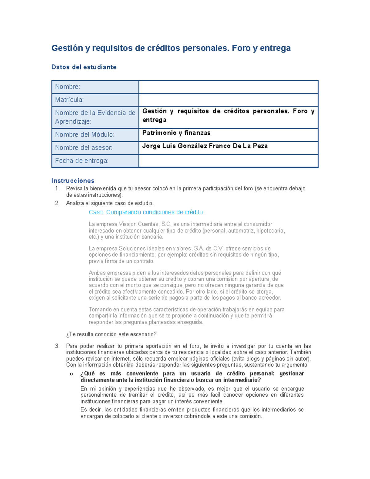 Gestión y Requisitos de Créditos Personales: Foro de Aprendizaje - Studocu