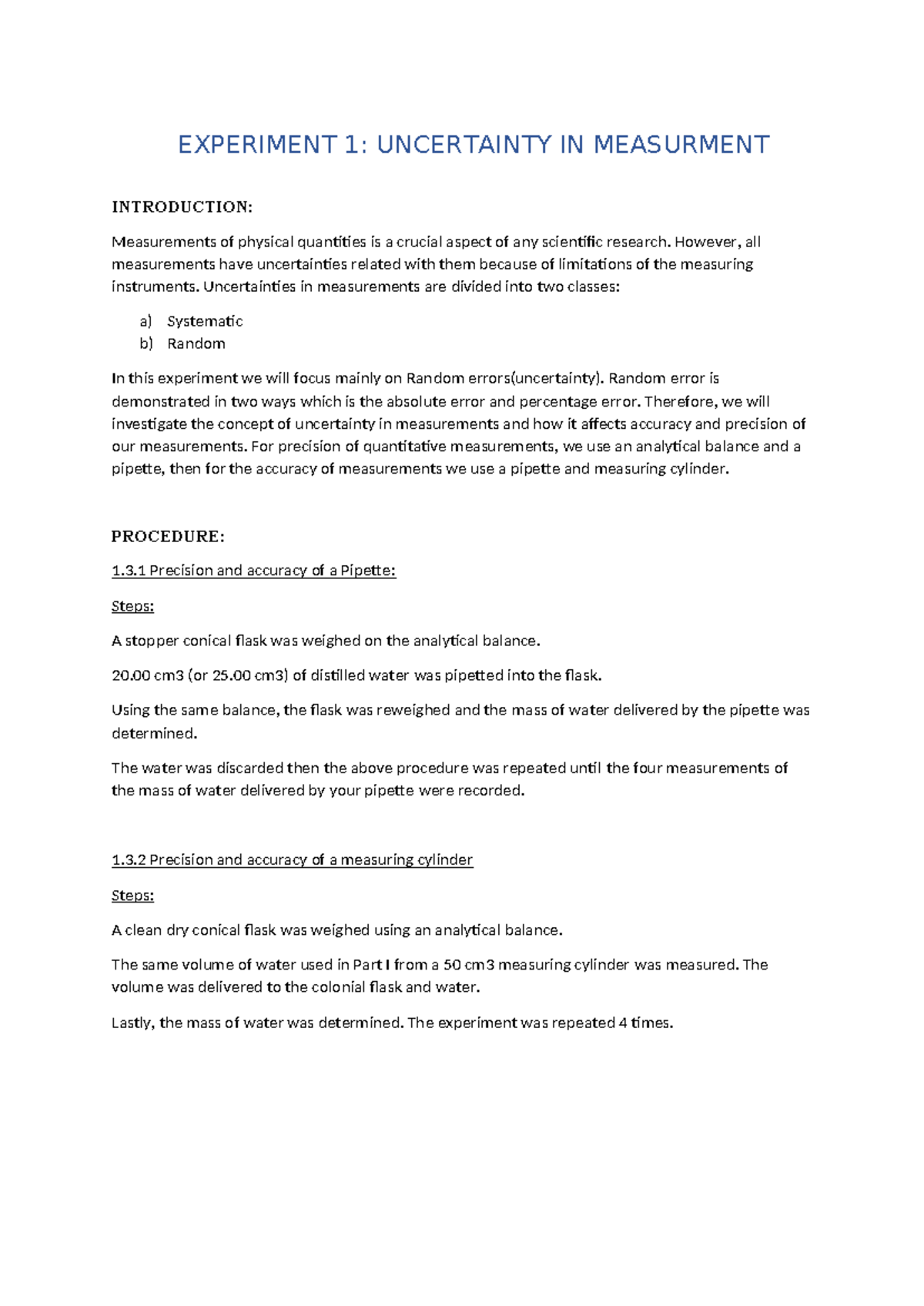 CH101 EXP.1: Investigating Uncertainty in Measurement Techniques - Studocu