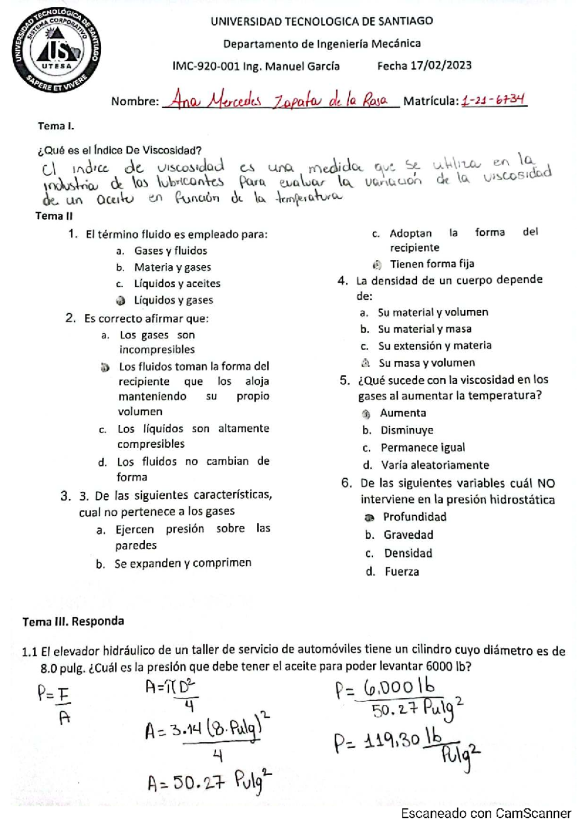 Examen Final MECÁNICA DE FLUIDOS TEC 101 - Índice de Viscosidad y Propiedades - Studocu