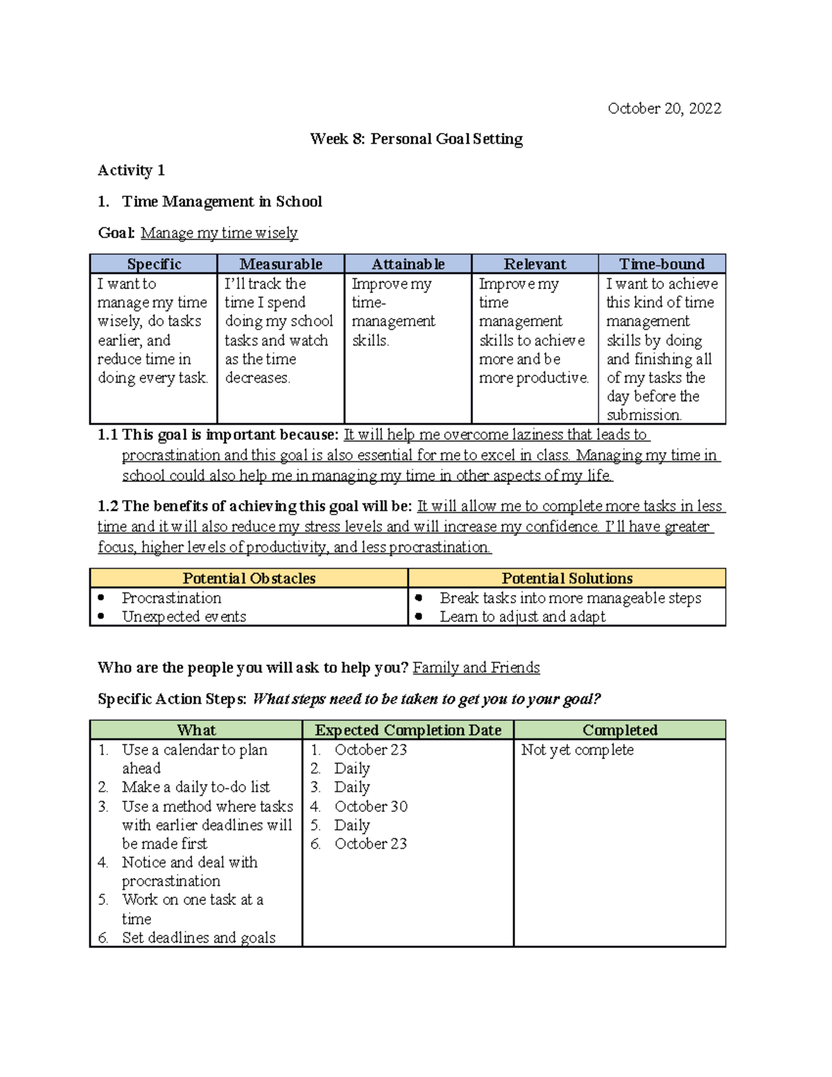 Week 8-Personal Goal Setting - Copy - October 20, 2022 Week 8: Personal ...