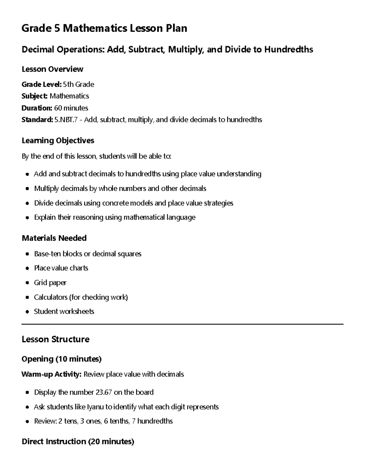 Grade 5 Math Lesson Plan: Decimal Operations (Add, Subtract, Multiply ...