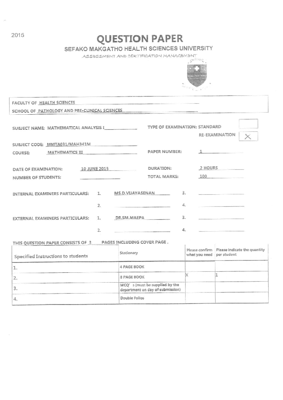 MMTA031 & MAH341M RE Exam Paper: Mathematical Analysis I - June 2015 ...